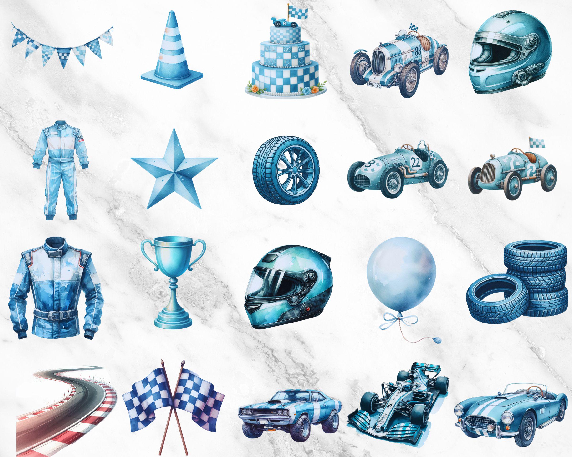Blue Racing Clipart Bundle Watercolor Race Car Clipart for Boys Vintage ...