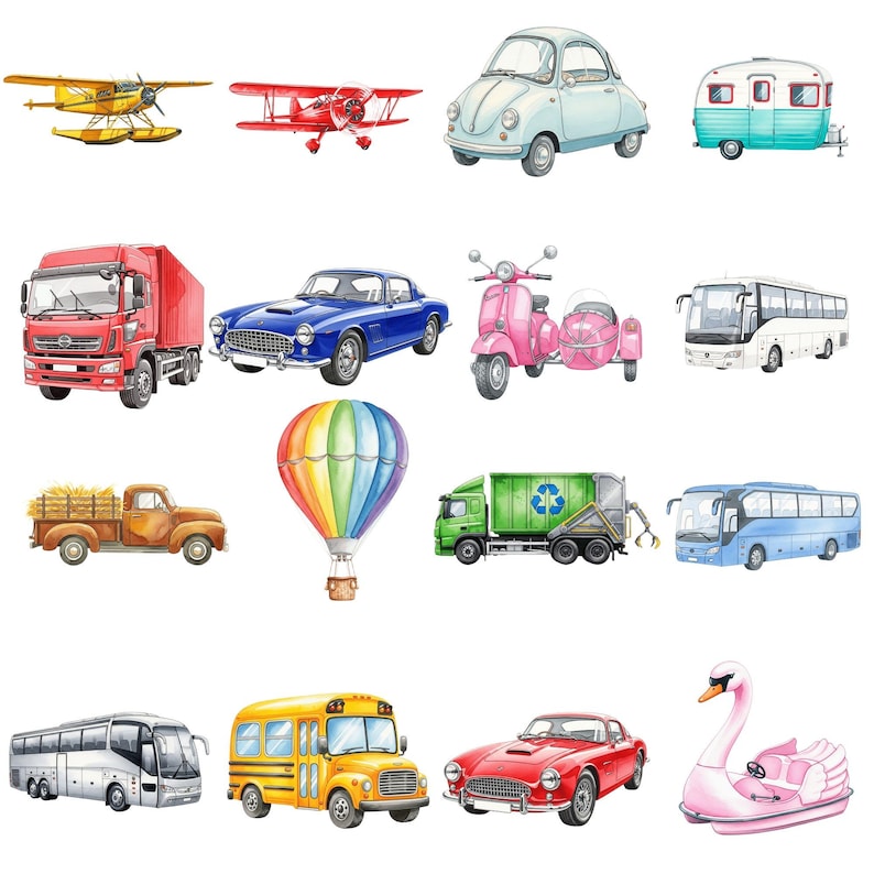 Watercolor Transportation Clipart Bundle, Vehicle Clipart, Cute Car PNG ...