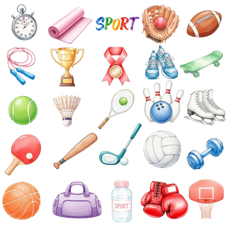 Watercolor Sports Clipart, Football Clipart, Soccer Clipart, Sports ...