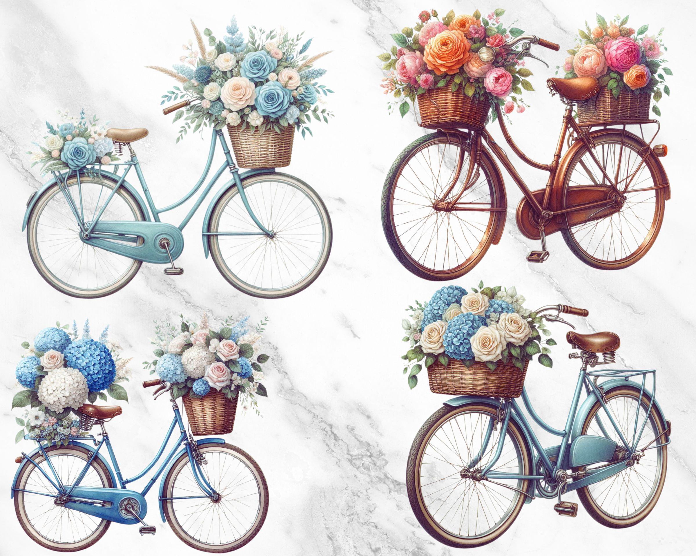 Floral Bicycle Clipart: Vintage Watercolor Bicycle PNG (digital ...