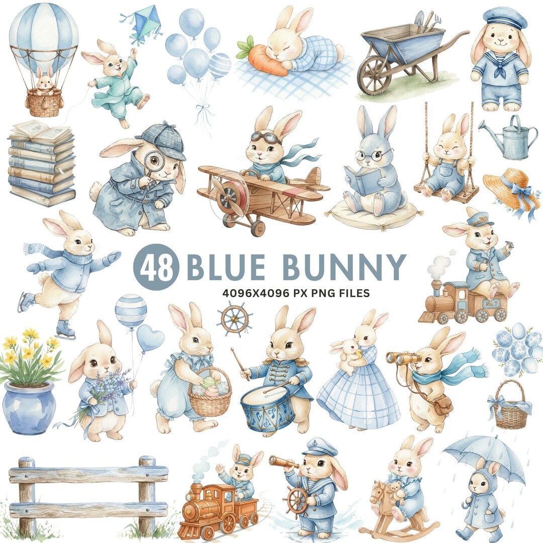 Watercolor Blue Bunny Clipart, Vintage Nursery Rabbit PNG, Baby Shower ...