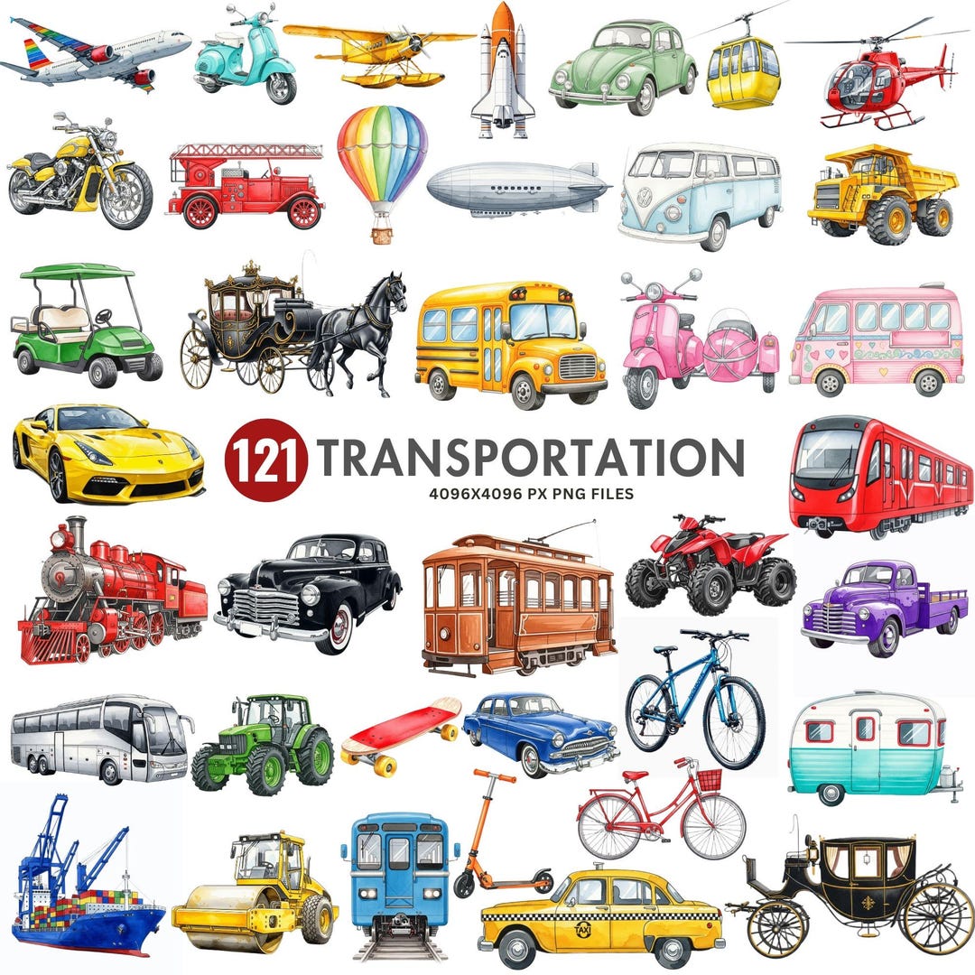 Watercolor Transportation Clipart Bundle, Vehicle Clipart, Cute Car PNG ...