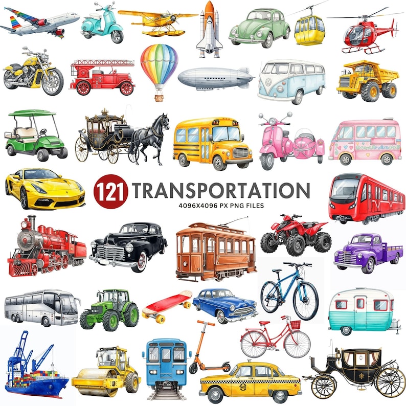 Watercolor Transportation Clipart Bundle, Vehicle Clipart, Cute Car PNG ...