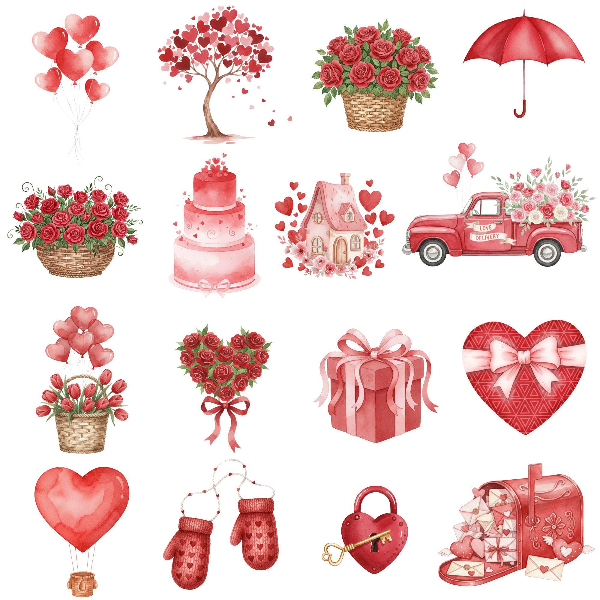 Valentine Clipart Bundle, Watercolor Valentines Day Pngs, Kawaii Love ...