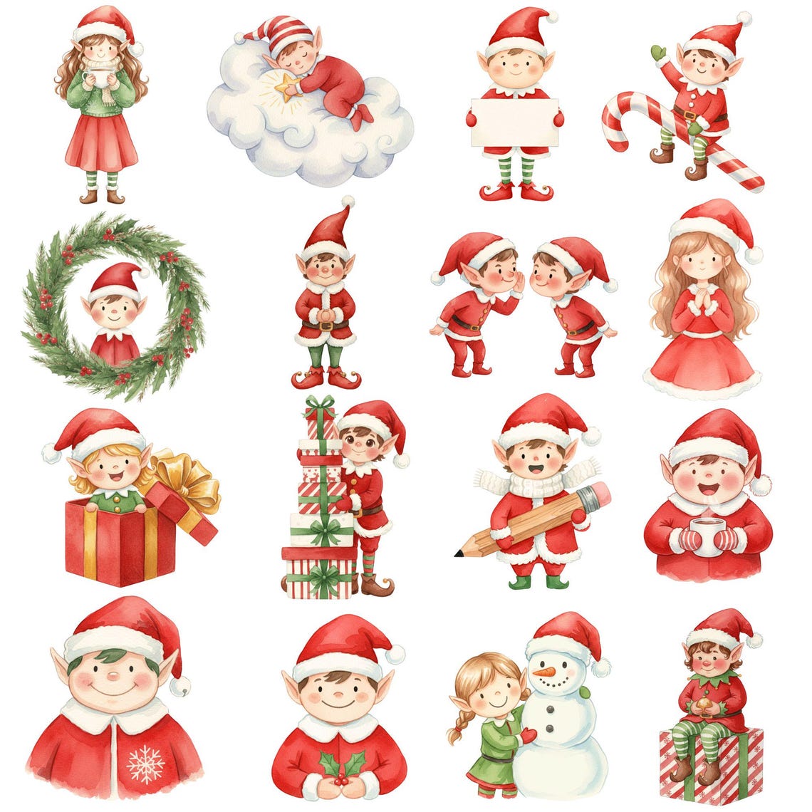 Christmas Elf Clipart, Cute Watercolor Elves PNG, Whimsical Holiday ...