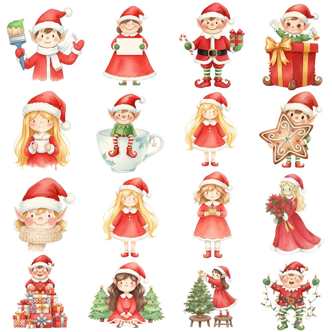 Christmas Elf Clipart, Cute Watercolor Elves PNG, Whimsical Holiday ...
