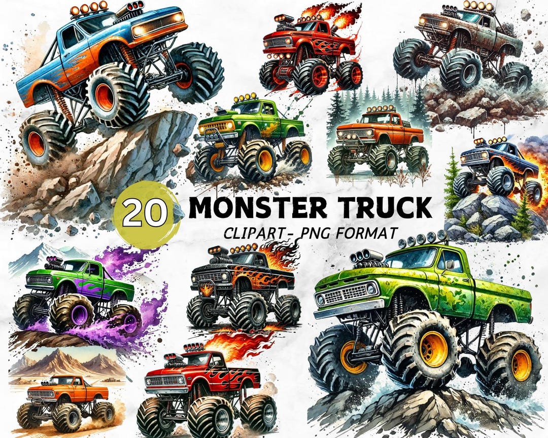 Watercolor Monster Truck Clipart Bundle: 20 PNG Designs (commercial Use ...