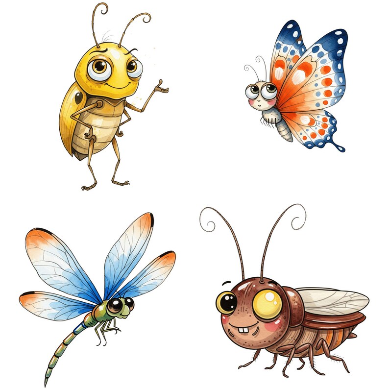 Watercolor Insects Clipart: Whimsical Bugs PNG (digital Download, 50 ...