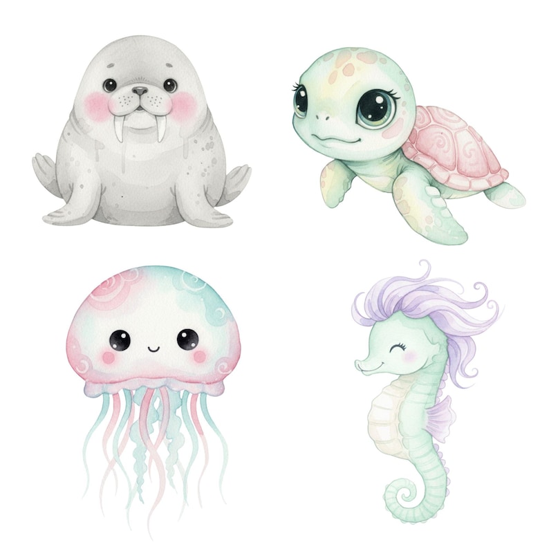 Pastel Under Sea Clipart, Cute Ocean Animals PNG, Whale Octopus Turtle ...