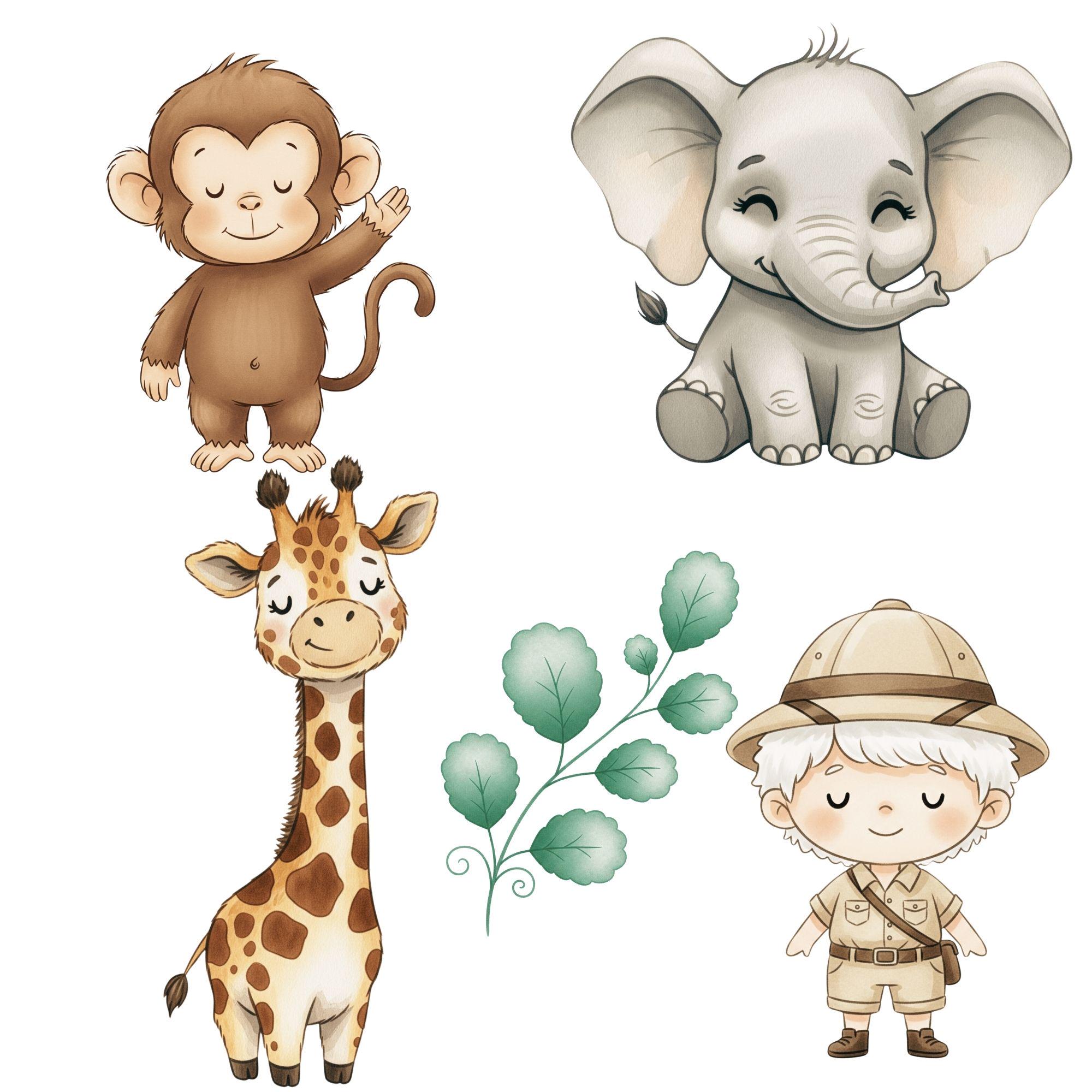 Cute Safari Clipart, Watercolor Jungle Animals PNG, Baby Safari Animals ...