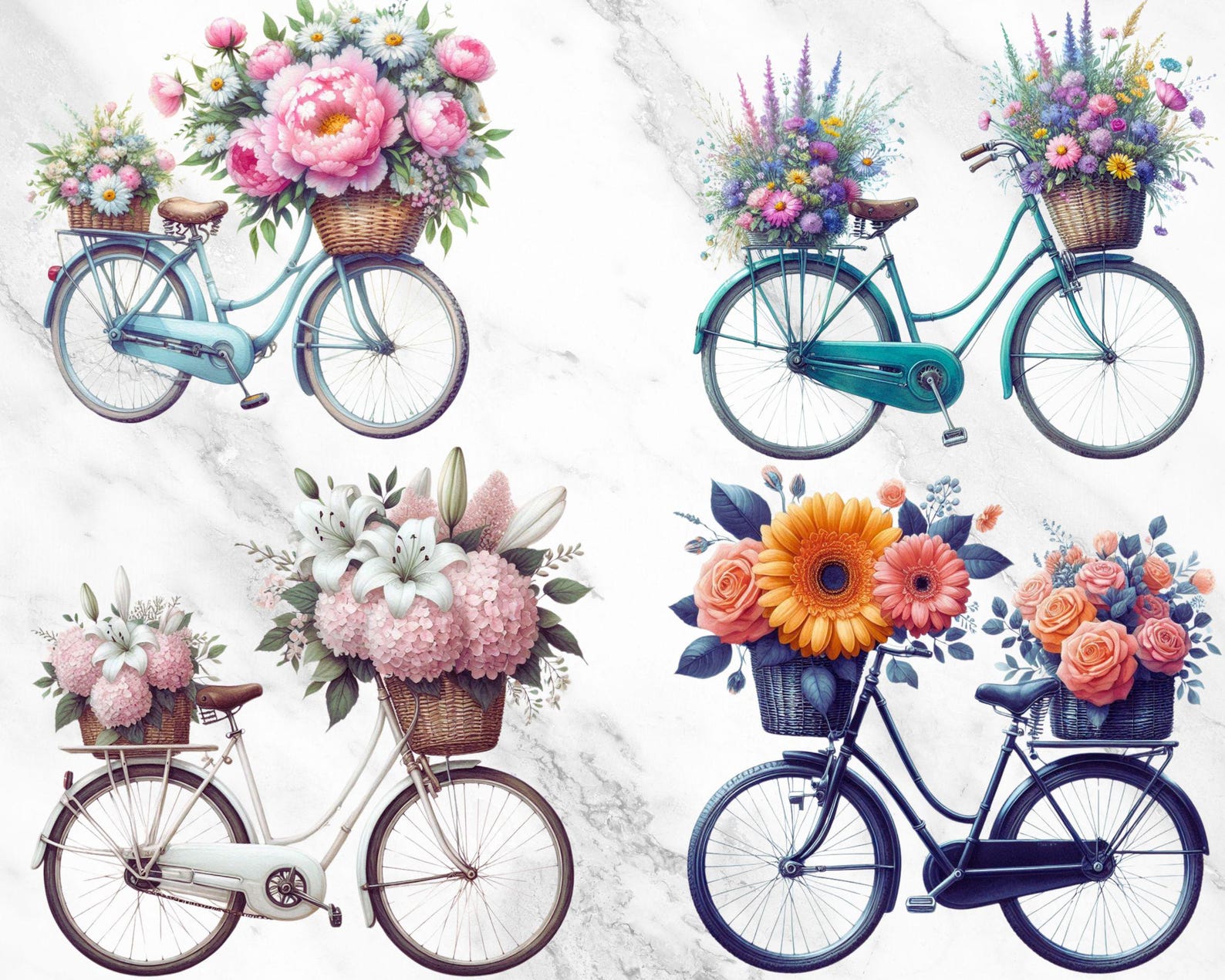 Floral Bicycle Clipart: Vintage Watercolor Bicycle PNG (digital ...