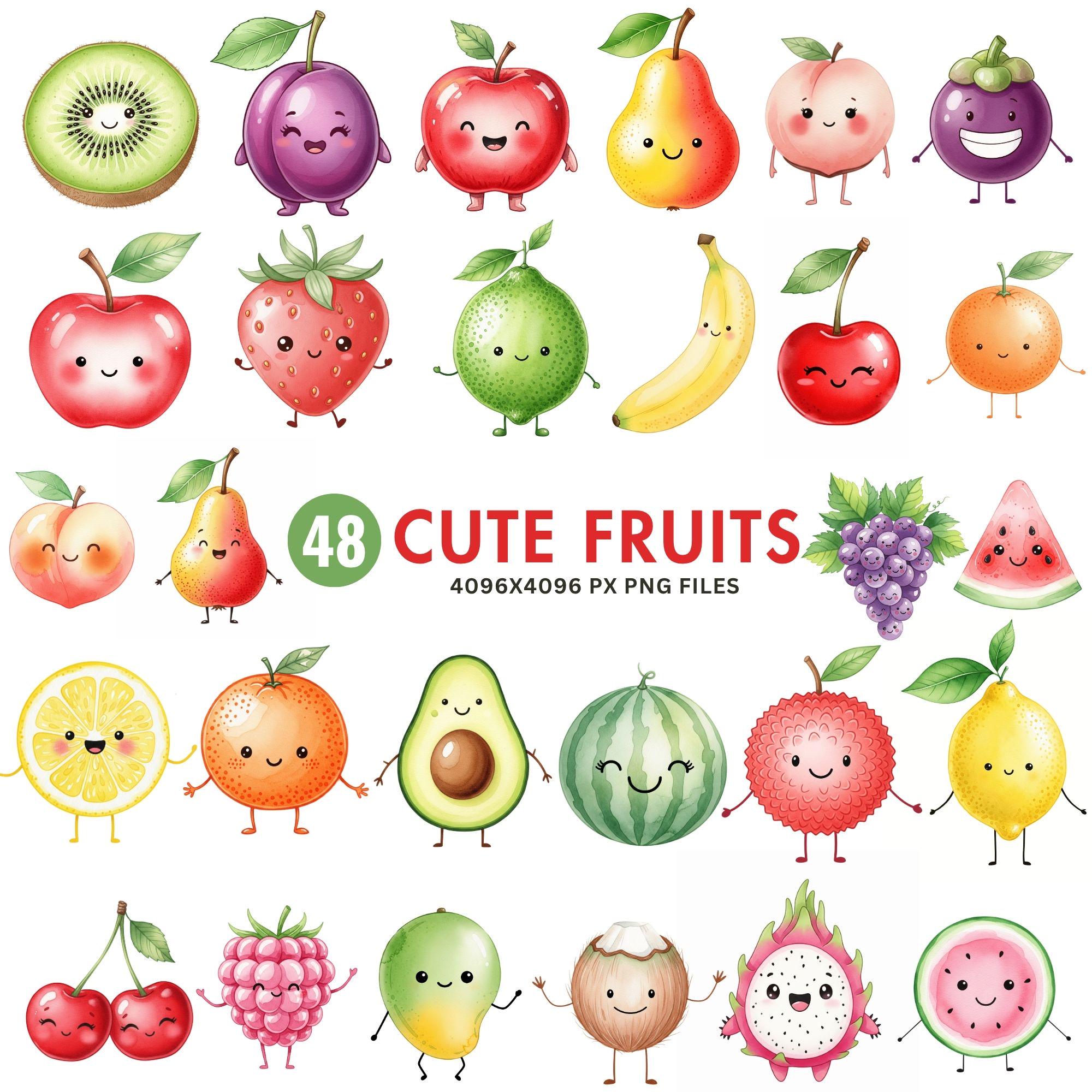 Kawaii Fruit Clipart: Watercolor PNG Stickers (digital Download ...