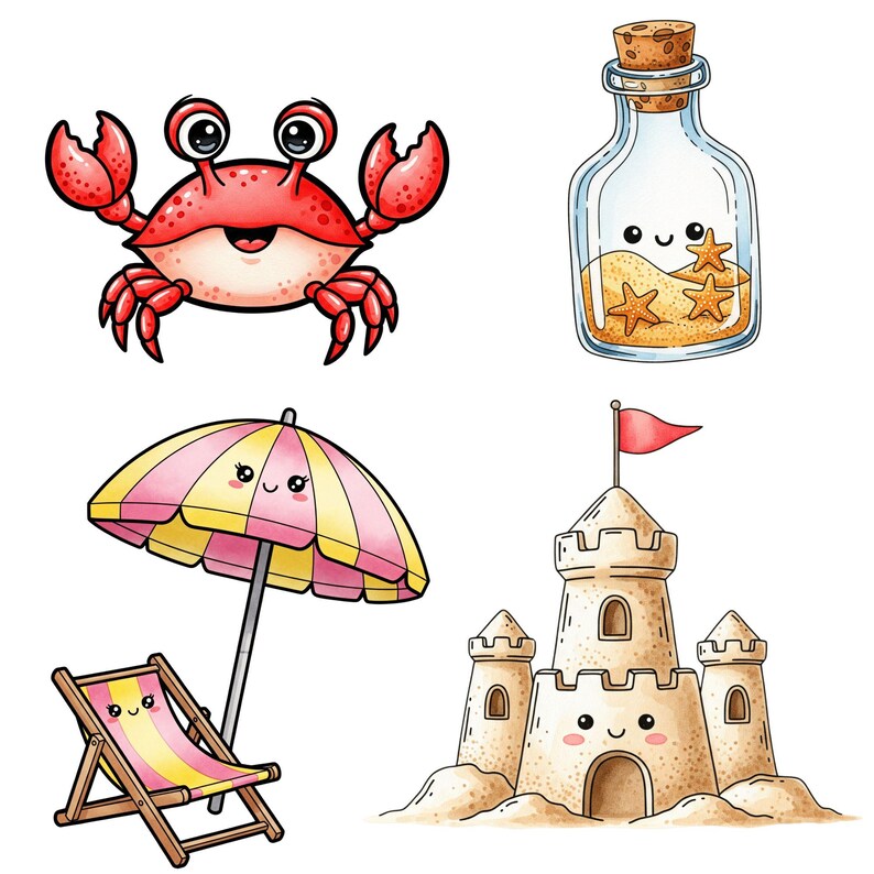 Kawaii Beach Clipart: Pastel Watercolor Summer Graphics (commercial Use ...