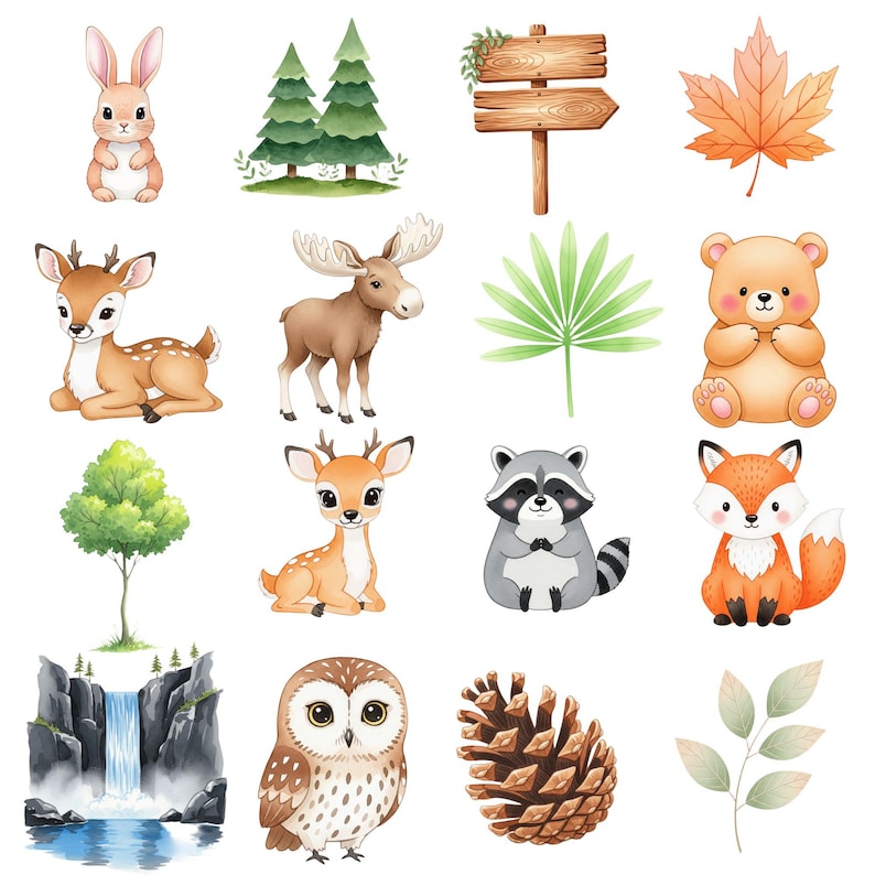 Cute Woodland Animal Clipart, Watercolor Woodland Clipart, Baby Shower ...