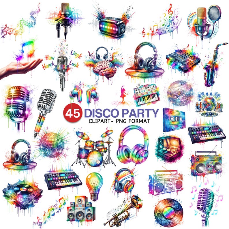 Watercolor Disco Clipart Bundle: Retro Party Graphics (PNG Download - Etsy
