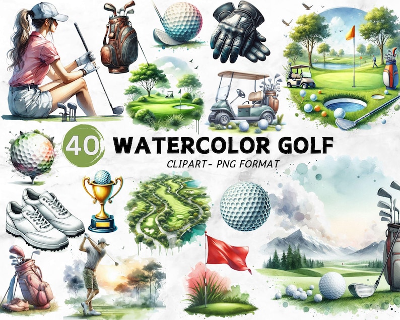 Watercolor Golf Clipart Bundle, Golf PNG, Golf Club, Cart & Ball ...