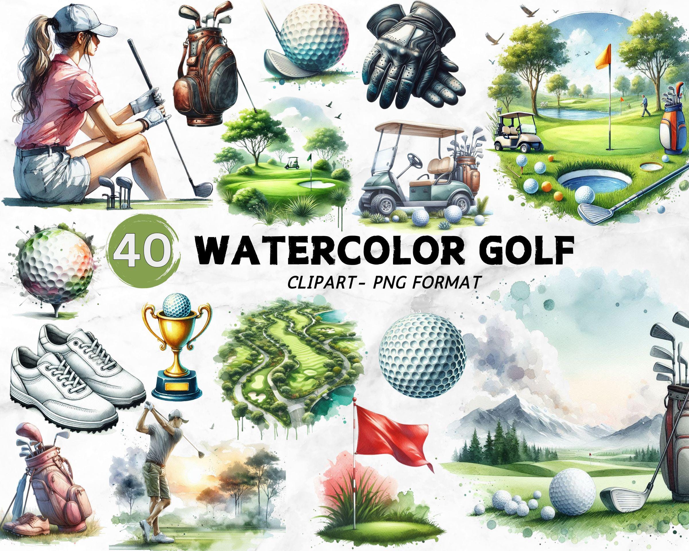 Watercolor Golf Clipart Bundle, Golf PNG, Golf Club, Cart & Ball ...