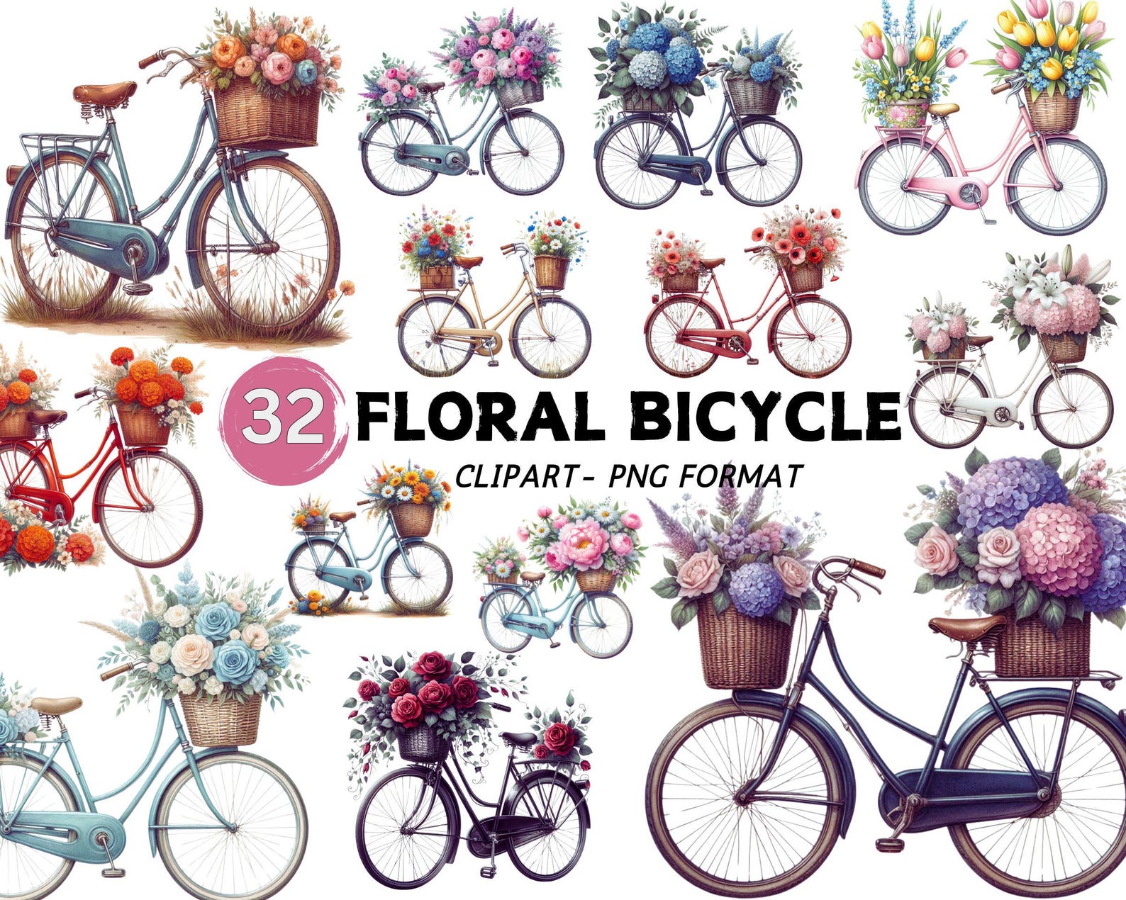 Floral Bicycle Clipart: Vintage Watercolor Bicycle PNG (digital ...