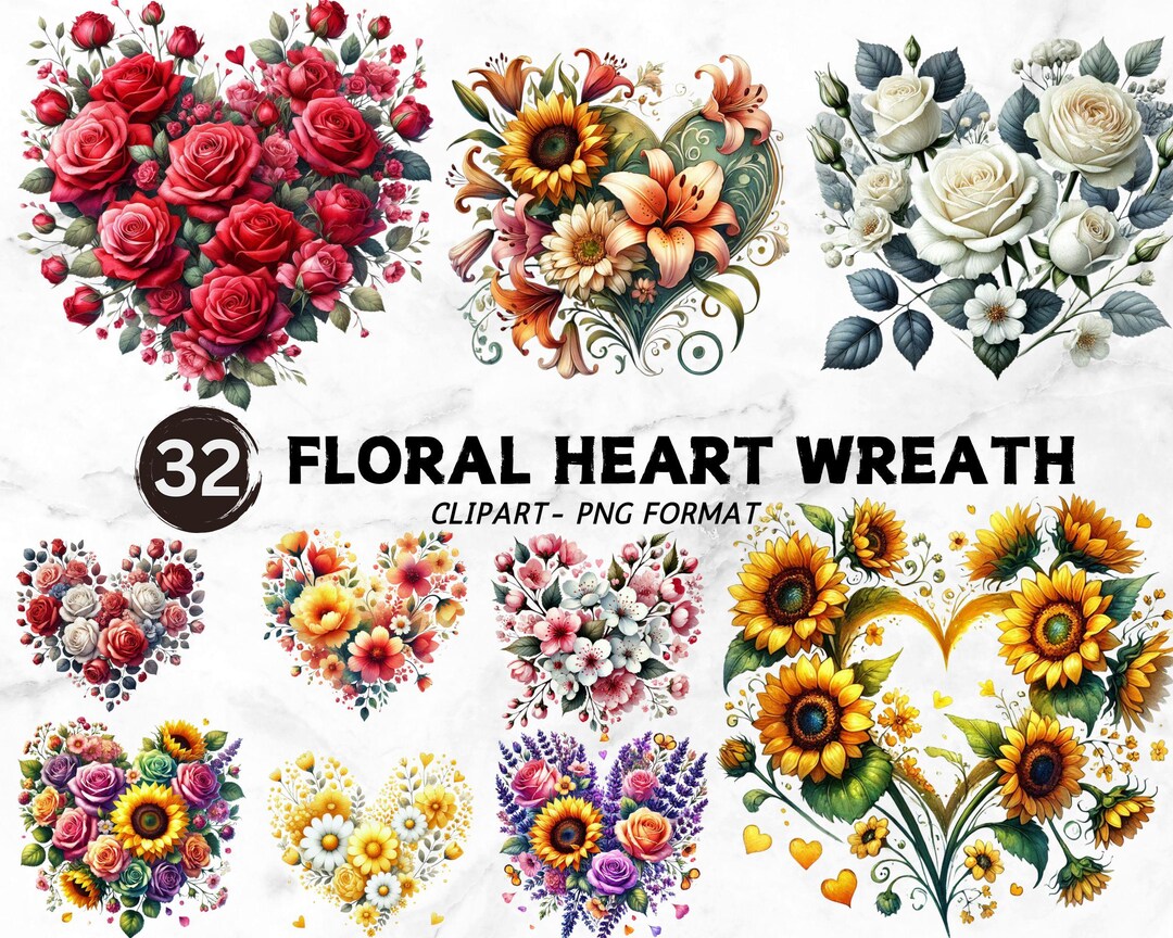 Valentine’s Day Floral Heart Clipart, Watercolor Floral Heart PNG ...