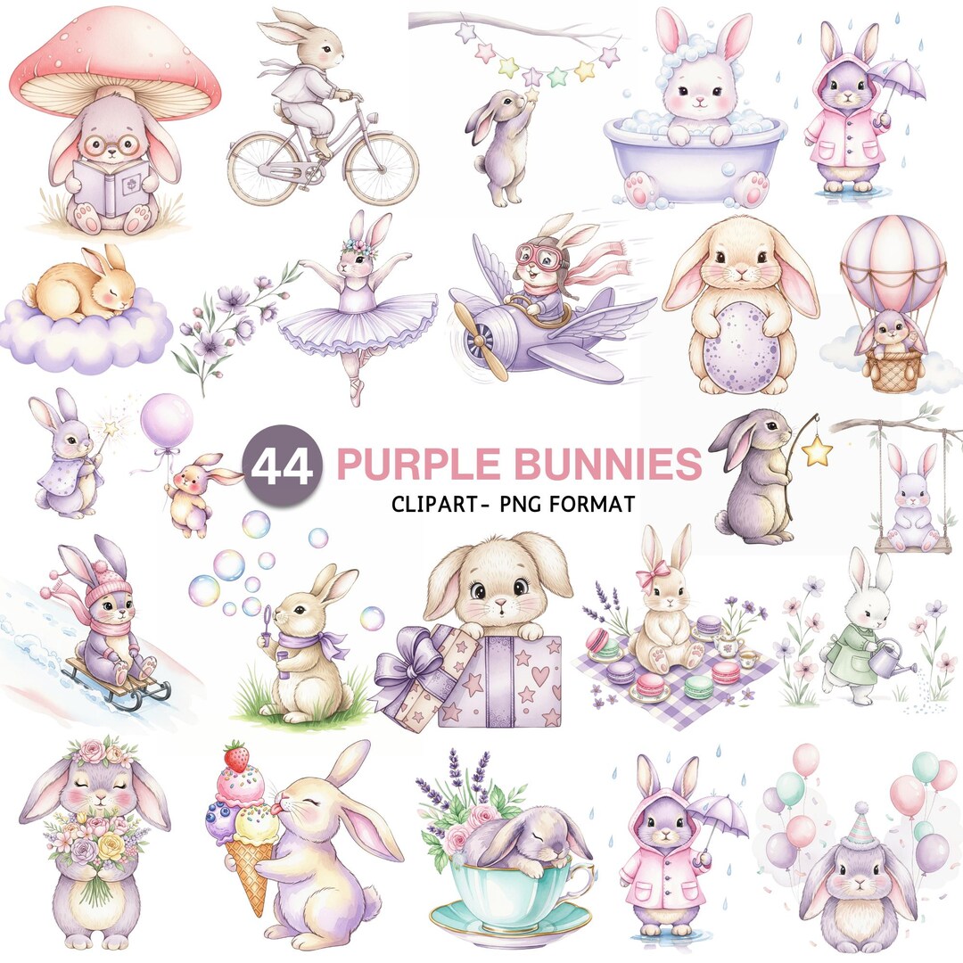 Cute Purple Bunny Clipart, Watercolor Bunny PNG, Baby Shower Clipart ...