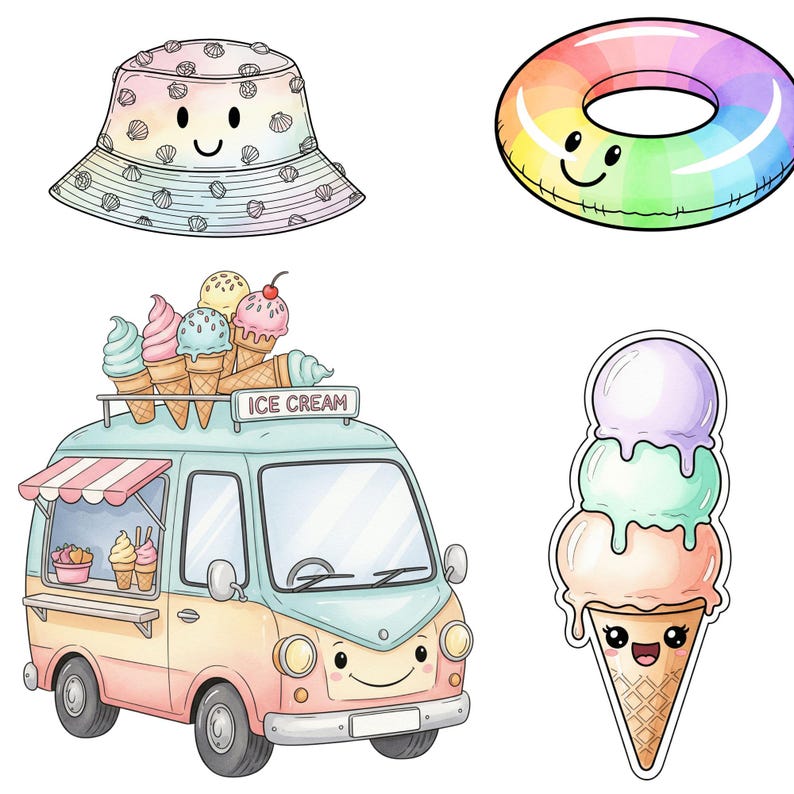 Kawaii Beach Clipart: Pastel Watercolor Summer Graphics (commercial Use ...