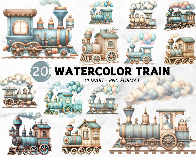 Watercolor Train Clipart Bundle, Blue Train, Rail Wagons, Baby Boy Art ...