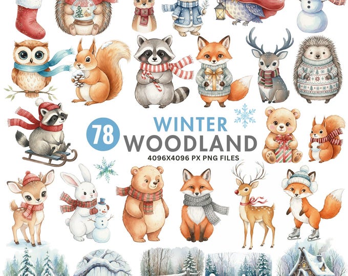 Watercolor Winter Woodland Clipart: Rustic Animals & Pine Trees ...