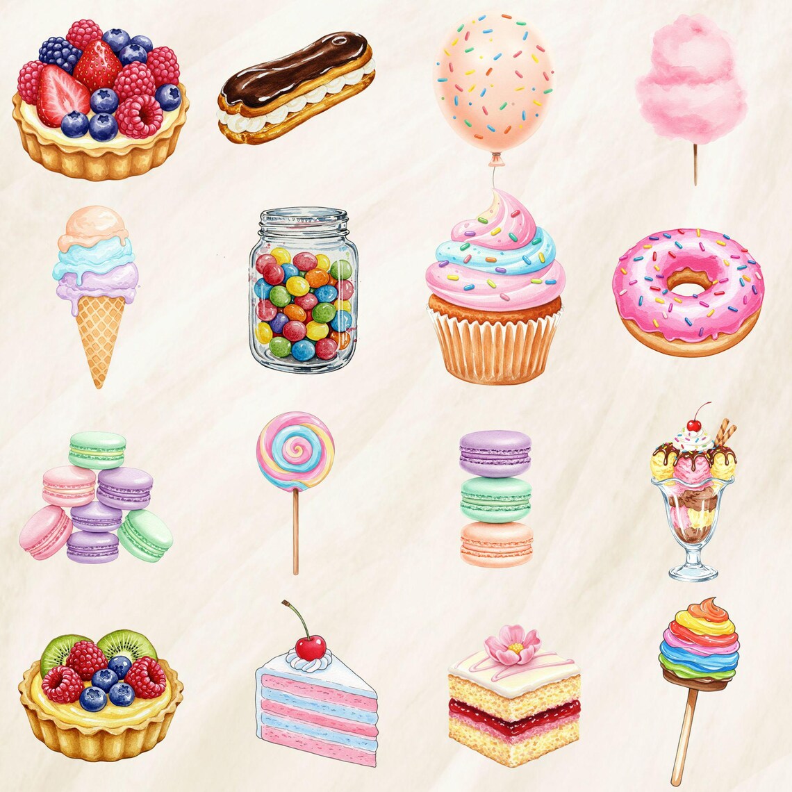 Watercolor Sweet Treats Clipart Cupcakes Ice Cream Cookies Donuts Candy ...