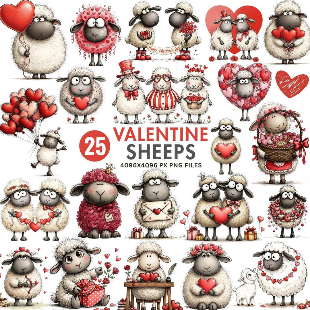Valentine Sheep Clipart, Whimsical Valentine Animals Clipart ...