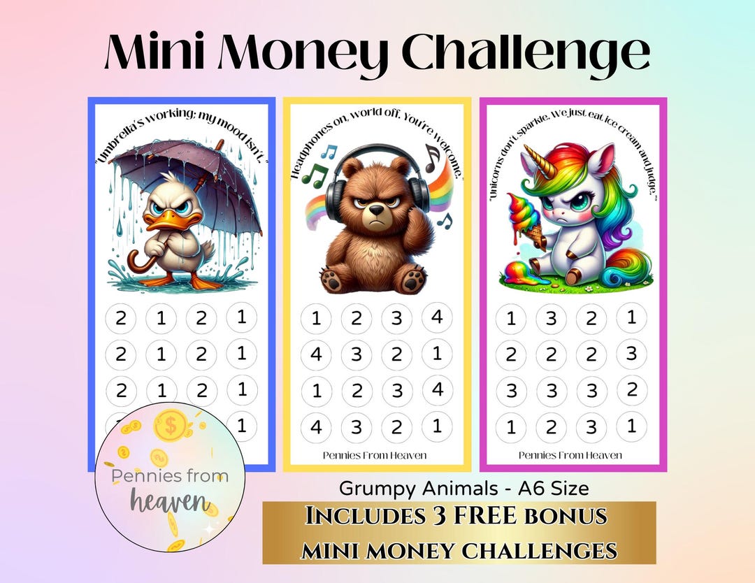 Grumpy Animals Mini Money Challenge, A6 Binder Insert, Mini Money ...