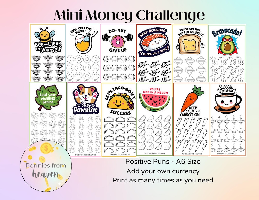 Puns Mini Money Challenge, A6 Positive Puns, Mini Savings Challenge ...