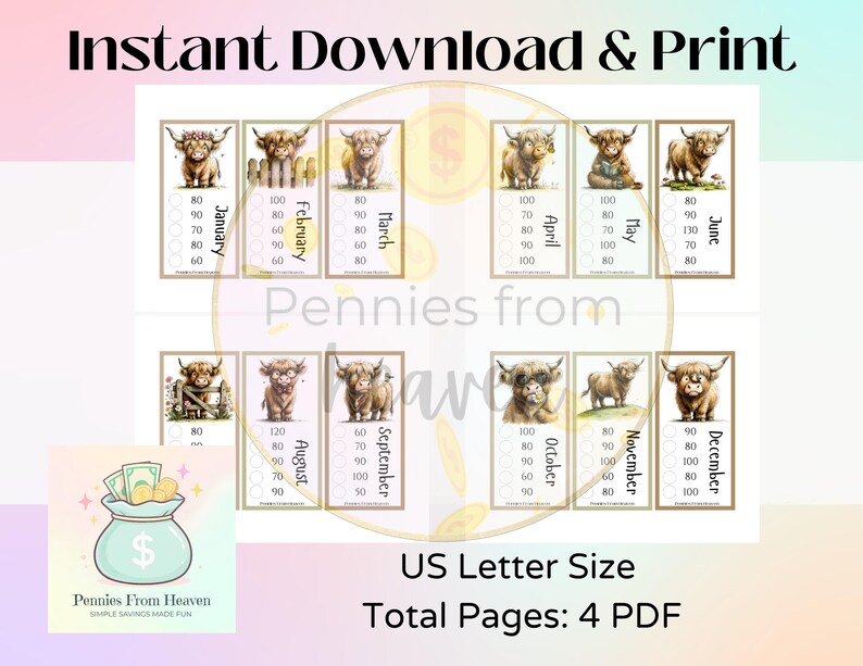 12 Month Highland Cow Yearly Money Challenge Printable, Save 5000 in a ...