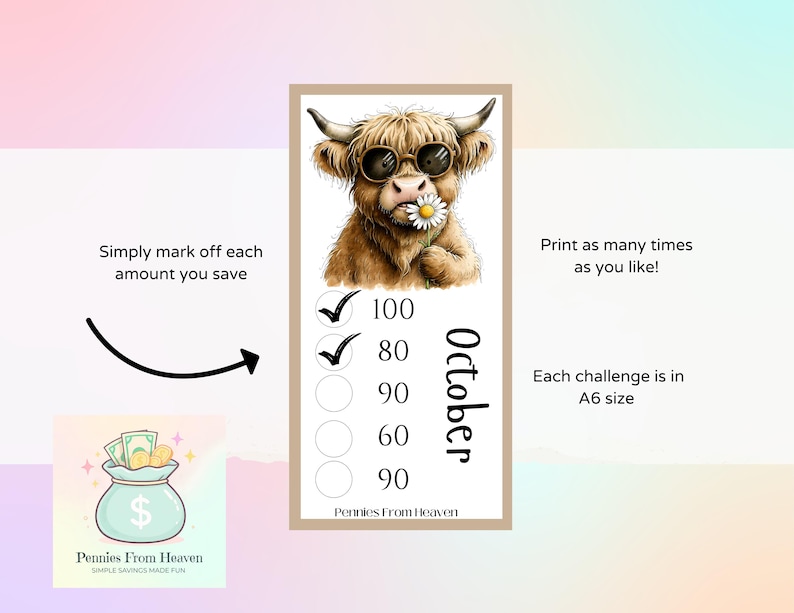 12 Month Highland Cow Yearly Money Challenge Printable, Save 5000 in a ...