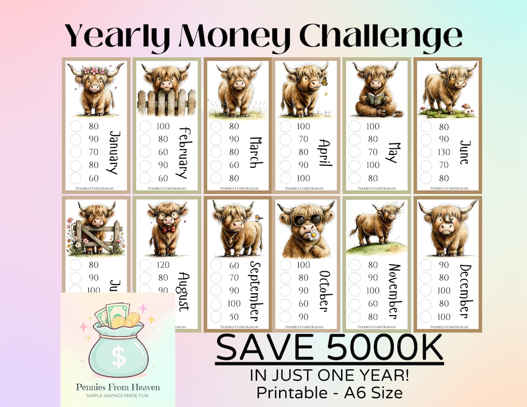 12 Month Highland Cow Yearly Money Challenge Printable, Save 5000 in a ...