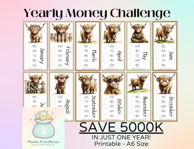 12 Month Highland Cow Yearly Money Challenge Printable, Save 5000 in a ...