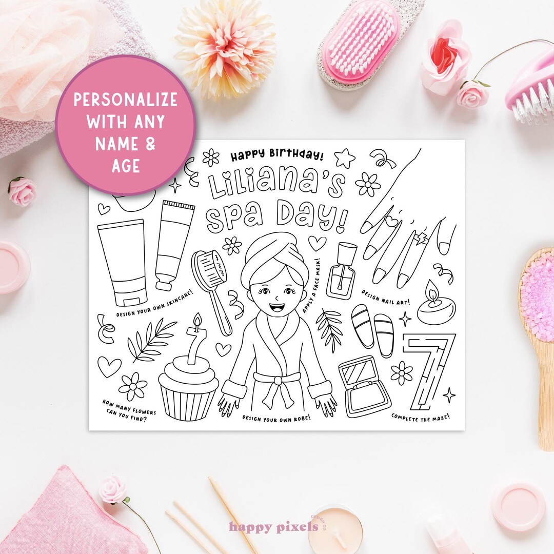 Personalized Spa Birthday Party Printable Coloring Page Placemat ...