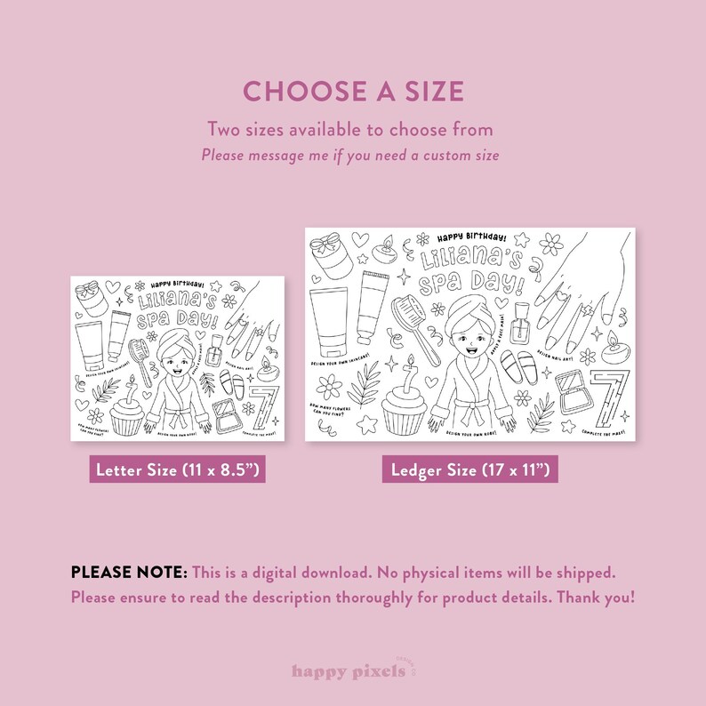 Personalized Spa Birthday Party Printable Coloring Page Placemat ...