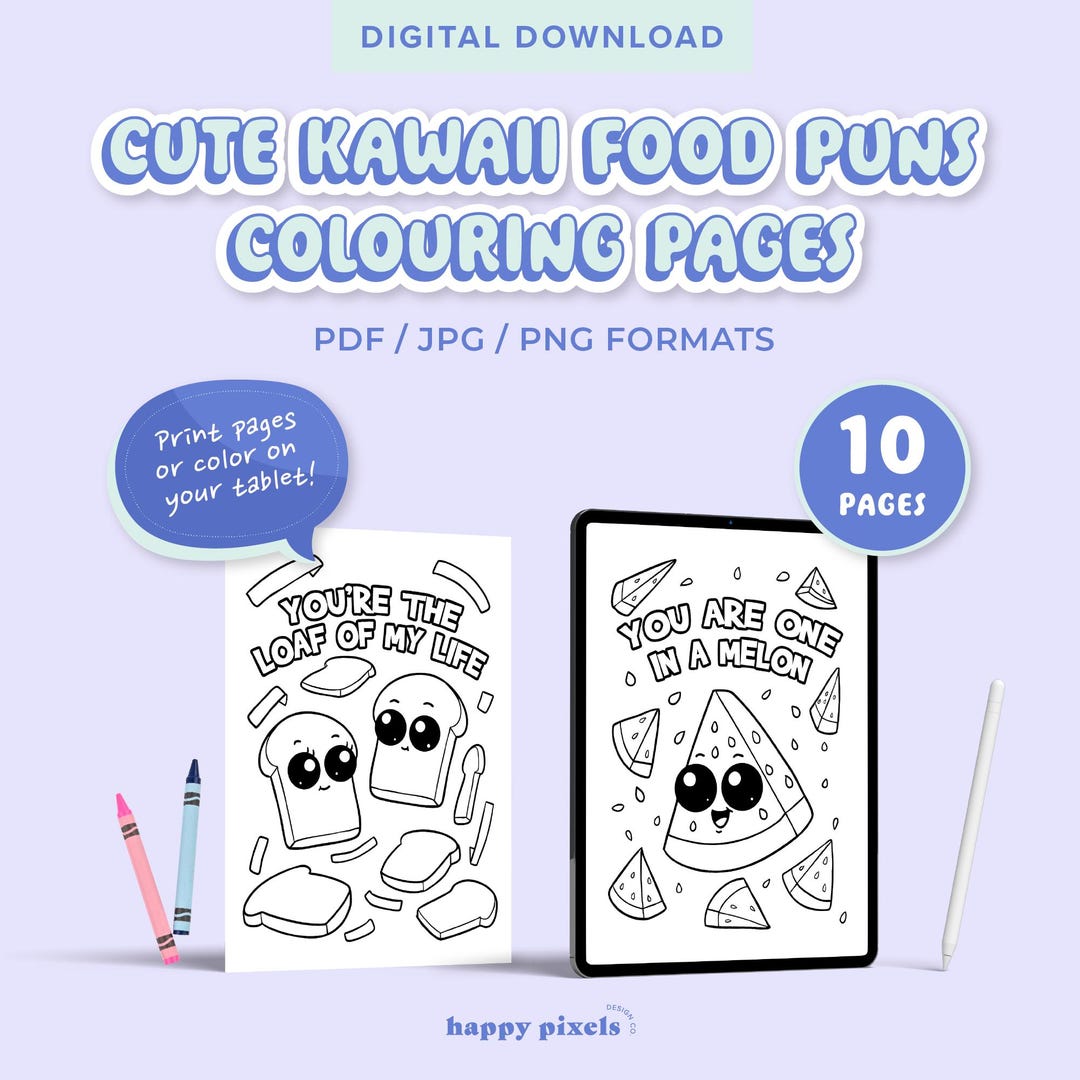 10 Cute Kawaii Food Puns Coloring Pages Printable and Digital Coloring ...
