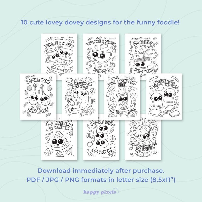 10 Cute Kawaii Food Puns Coloring Pages, Printable Cute Valentines ...