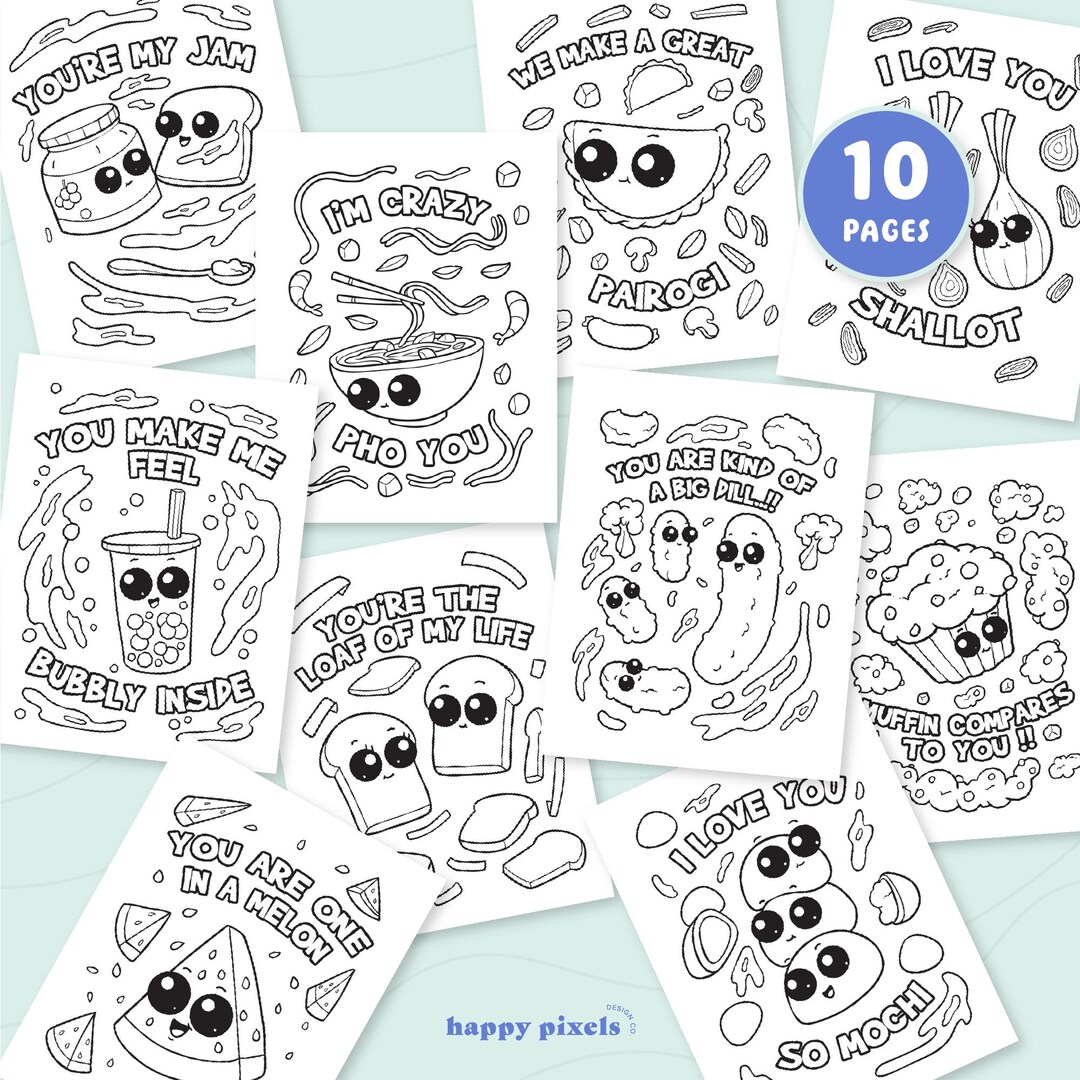 10 Cute Kawaii Food Puns Coloring Pages, Printable Cute Valentines ...