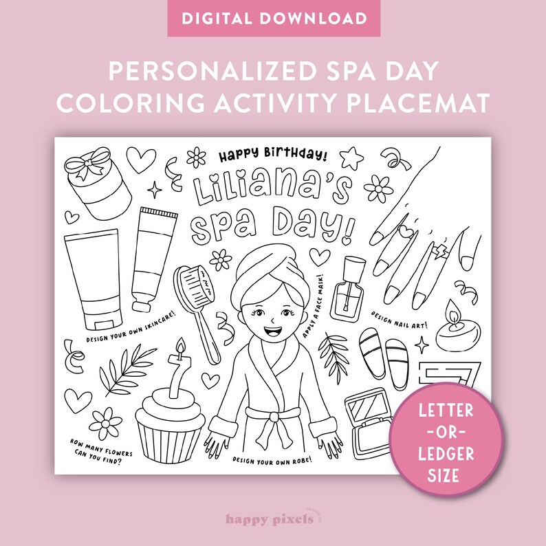 Personalized Spa Birthday Party Printable Coloring Page Placemat ...