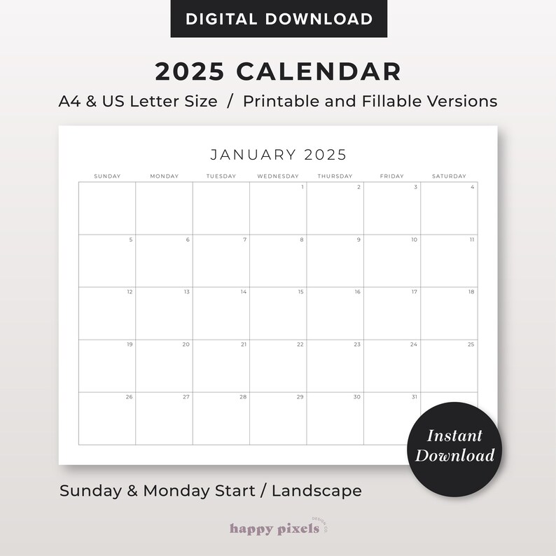 Minimalist 2025 Calendar Instant Download Monthly Layout Landscape A4 ...