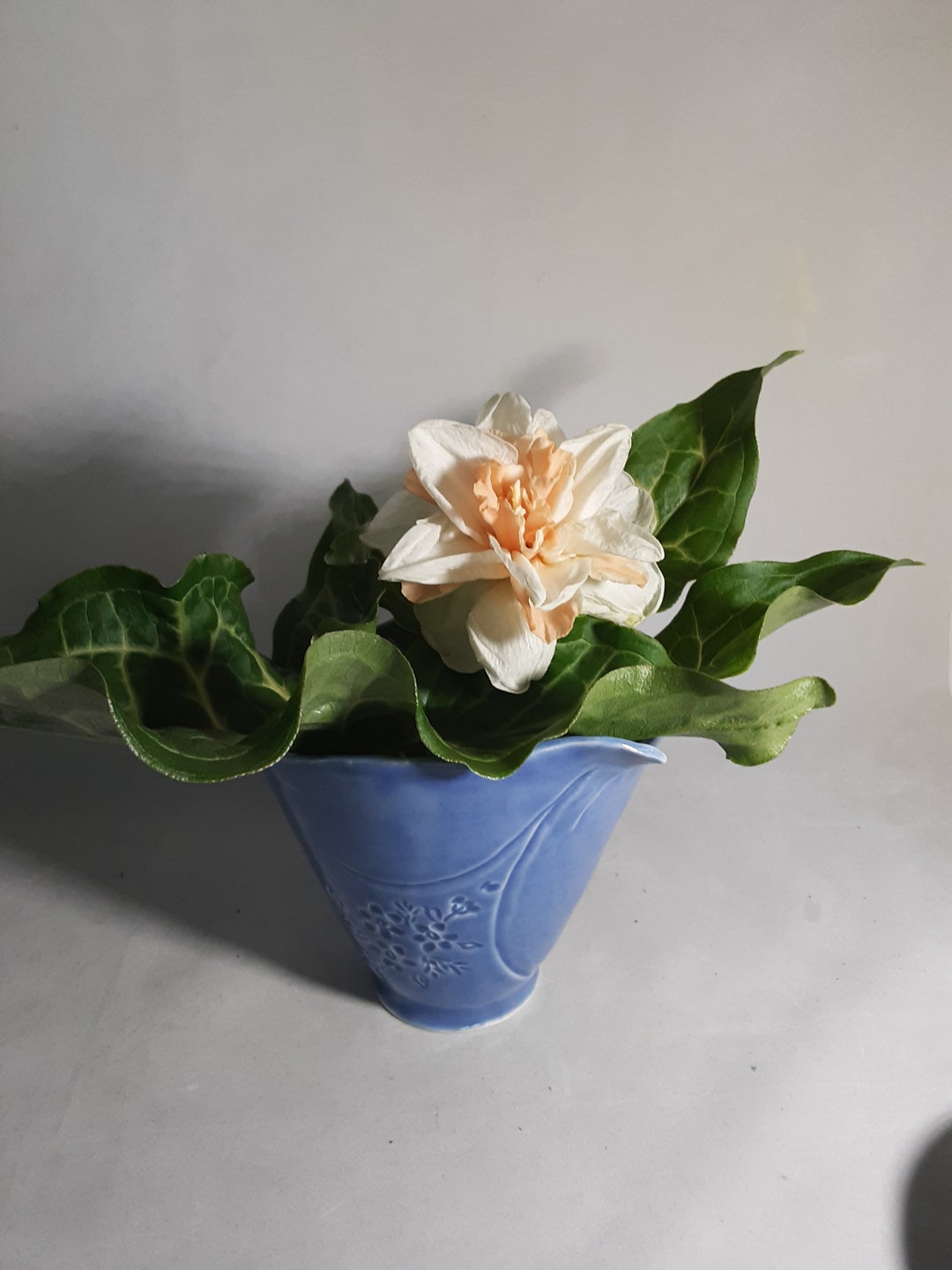 Blue Porcelain Vase, Hand Carved Vase, Flower Design, Light Blue ...