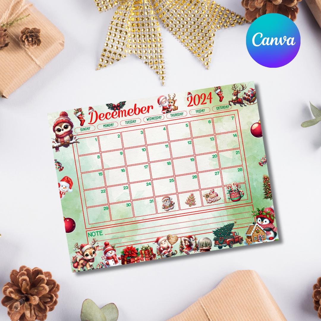 Editable December 2024 Calendar, Printable December Calendar, Christmas ...