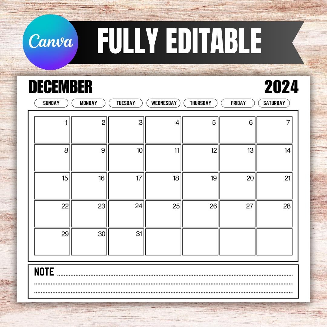 Editable December 2024 Calendar, Printable December Calendar, Christmas ...