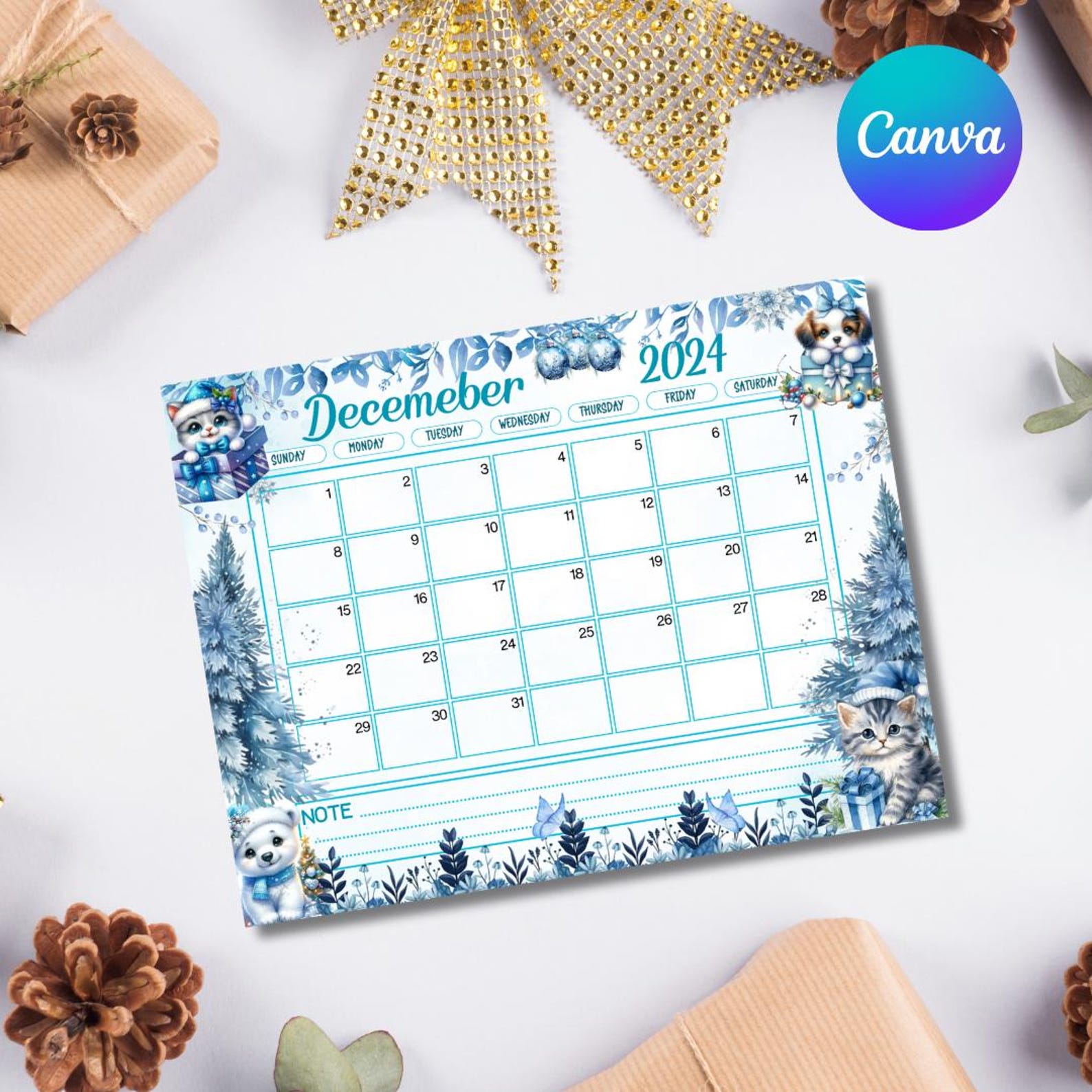 Editable December 2024 Calendar, Printable December Calendar, Christmas ...