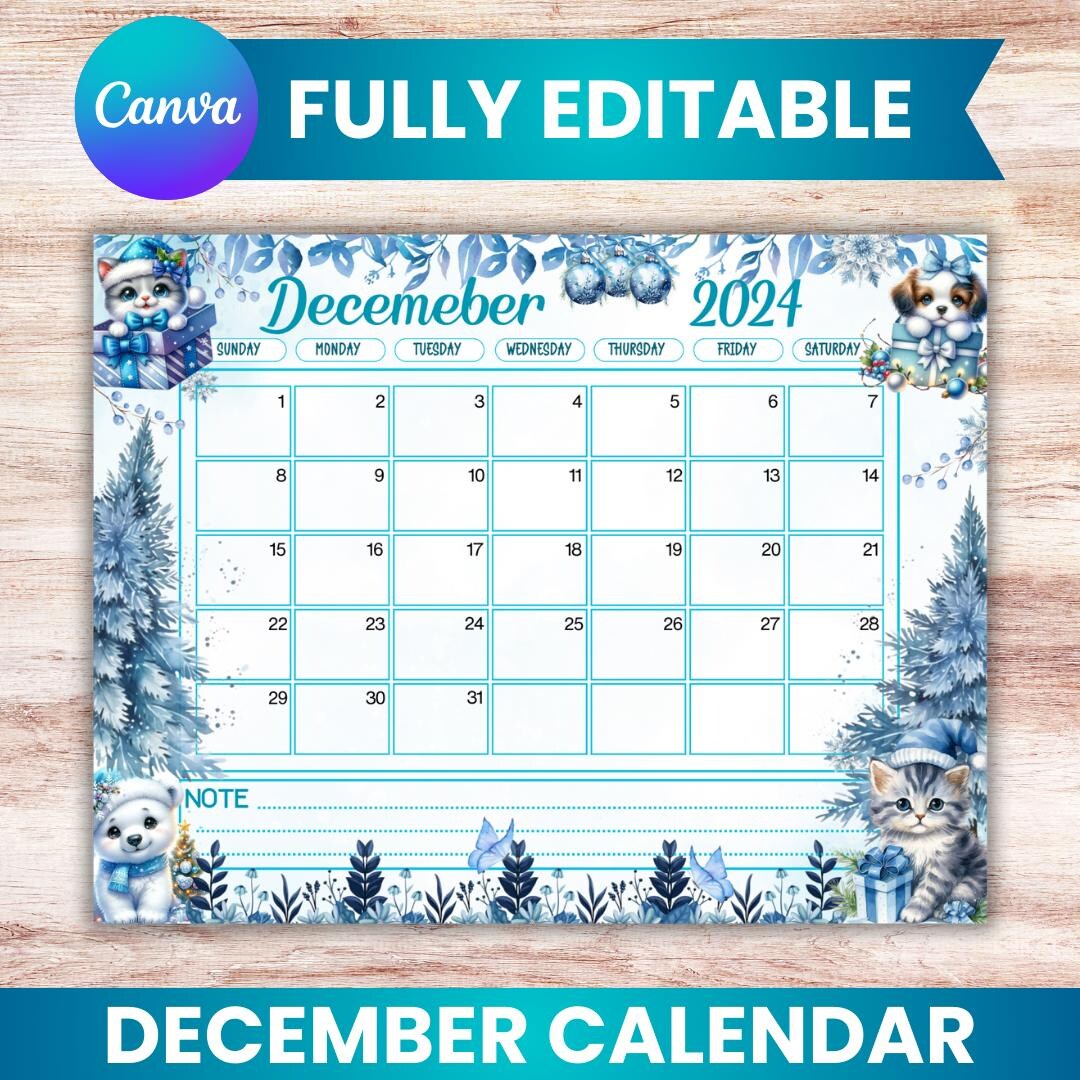 Editable December 2024 Calendar, Printable December Calendar, Christmas ...