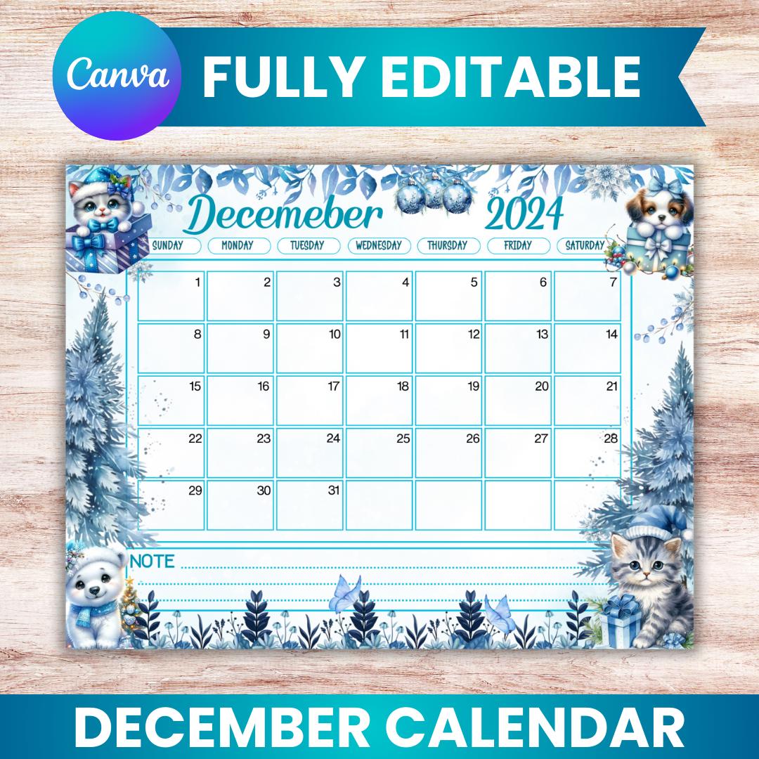 Editable December 2024 Calendar, Printable December Calendar, Christmas ...