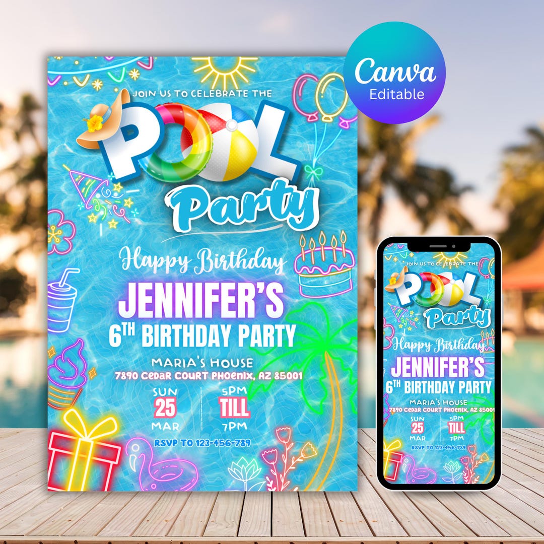 Pool Party Birthday Invitation, Pool Party Digital Invitation, Summer ...