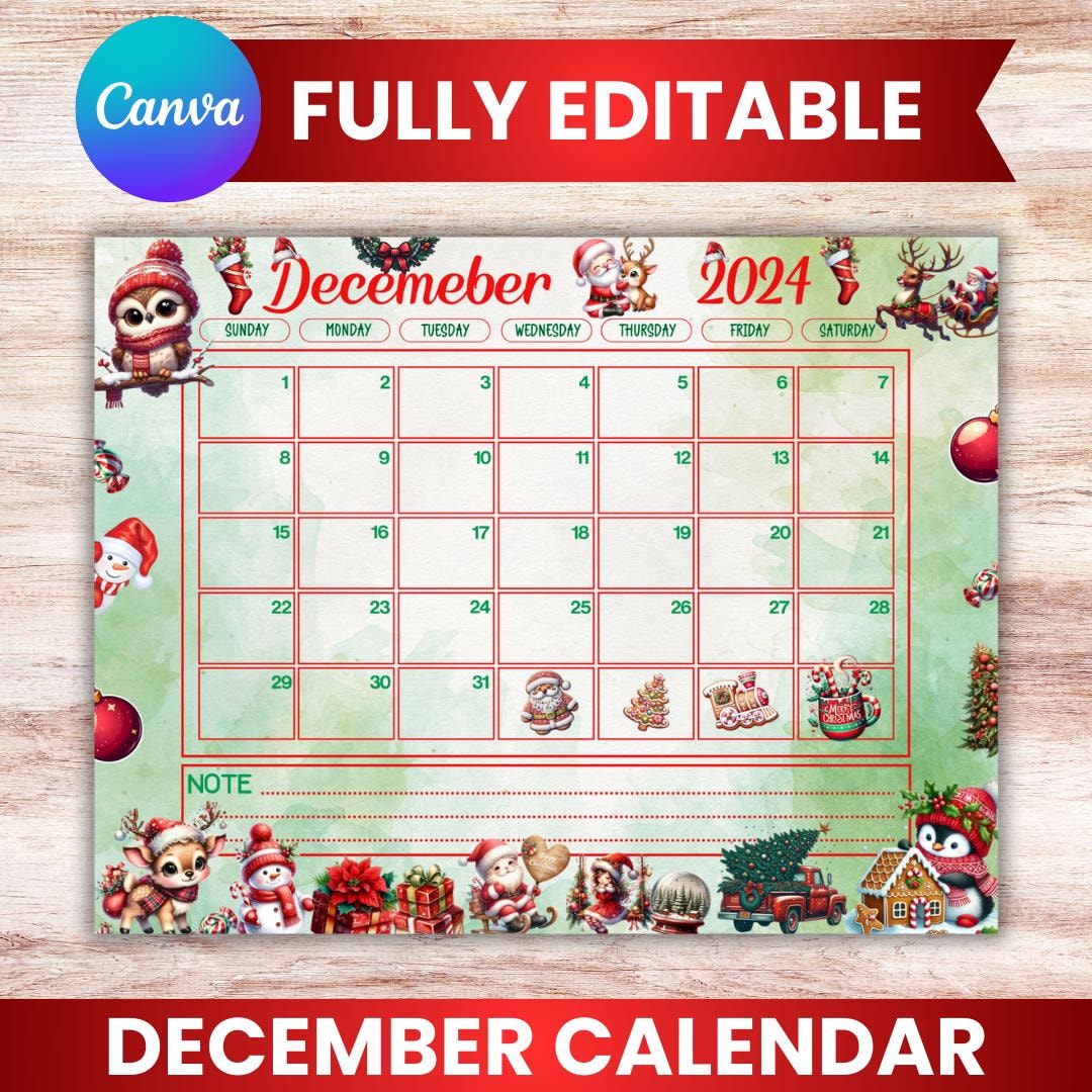 Editable December 2024 Calendar, Printable December Calendar, Christmas ...